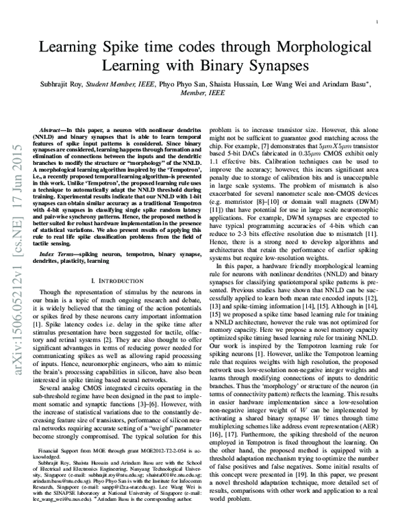 Pdf Learning Spike Time Codes Through Morphological Learning With Binary Synapses