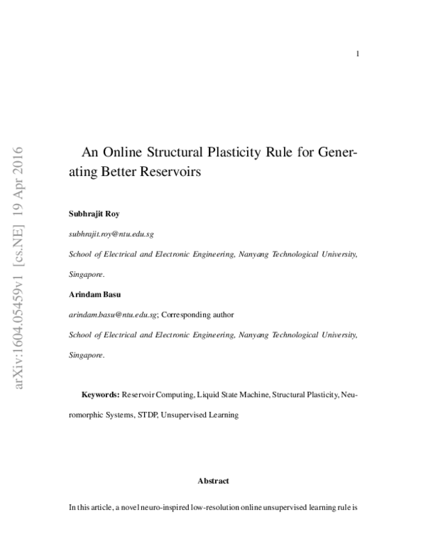 (PDF) An Online Structural Plasticity Rule for Generating Better Reservoirs