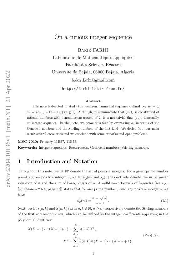 (PDF) Integer Sequence and Its Properties