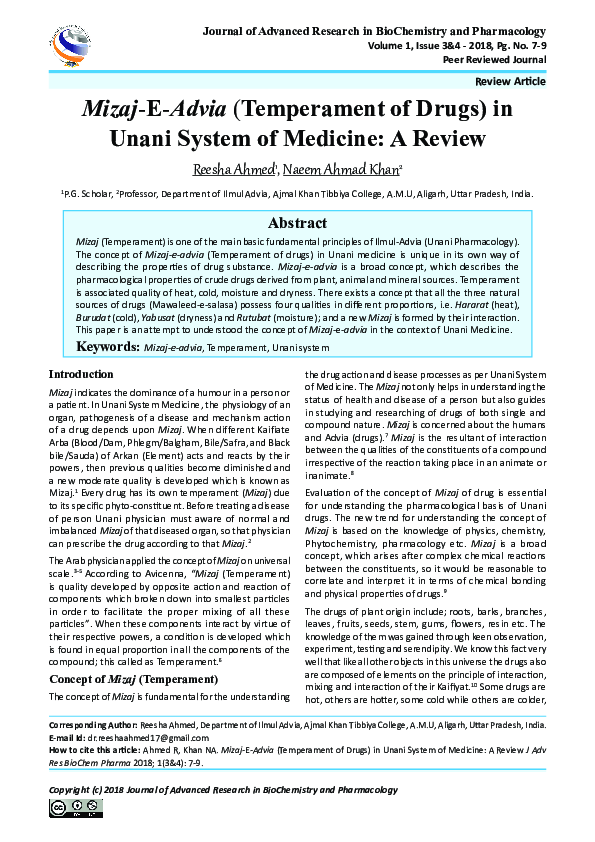 (PDF) Mizaj-E-Advia (Temperament of Drugs) in Unani System of Medicine ...