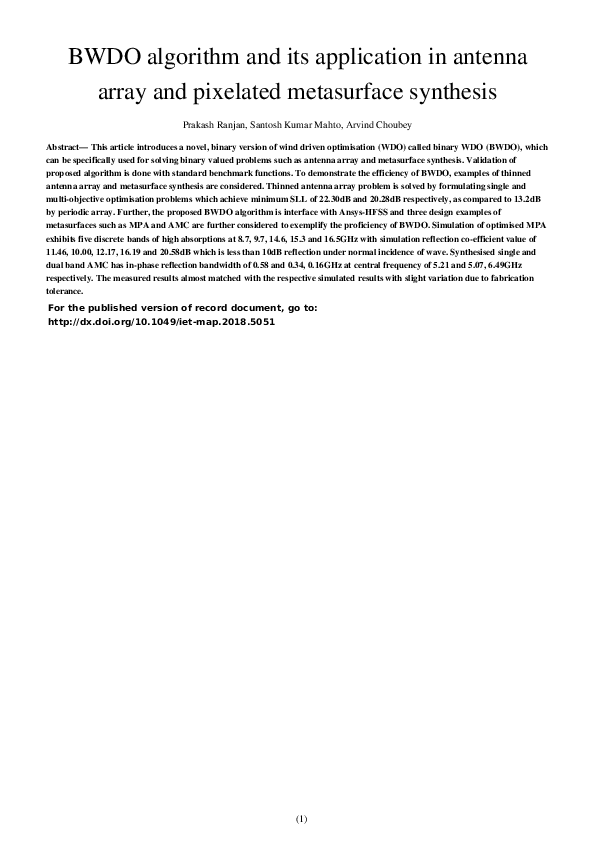 Pdf Bwdo Algorithm And Its Application In Antenna Array And Pixelated Metasurface Synthesis