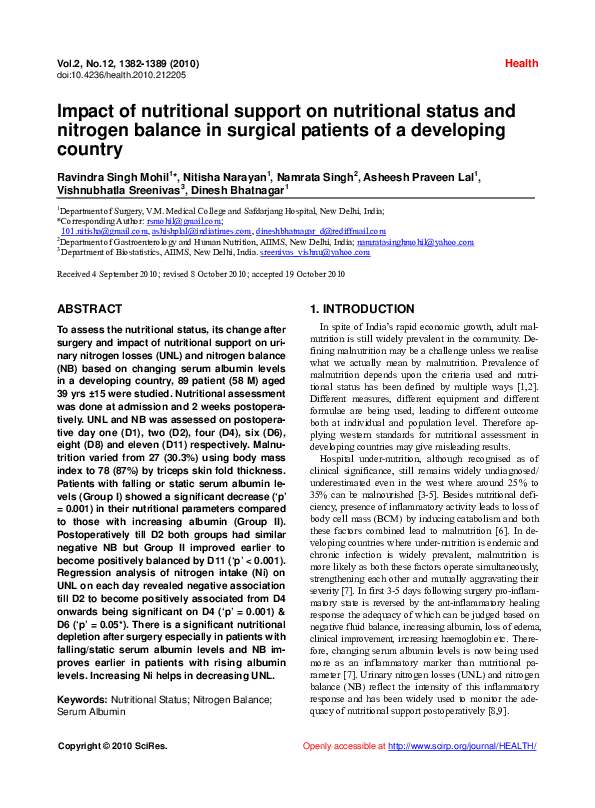 (PDF) Impact of nutritional support on nutritional status and nitrogen balance in surgical ...