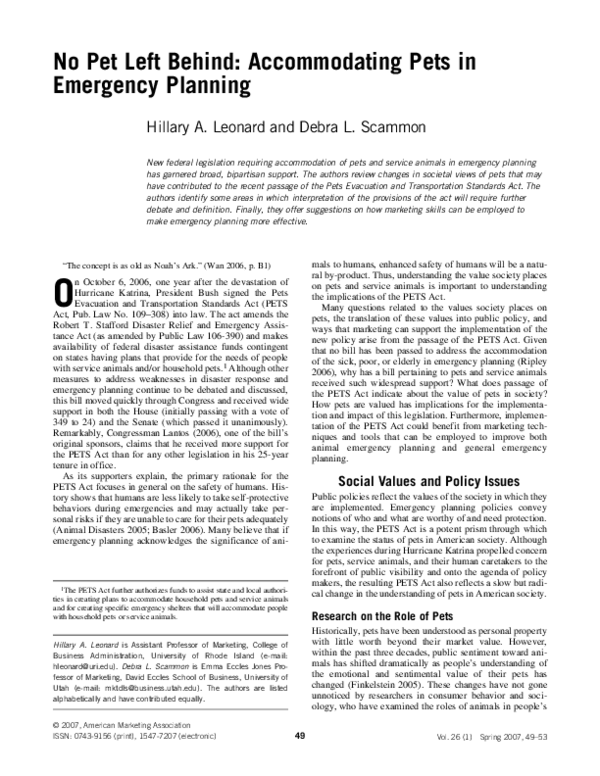 (PDF) No Pet Left Behind: Accommodating Pets in Emergency Planning