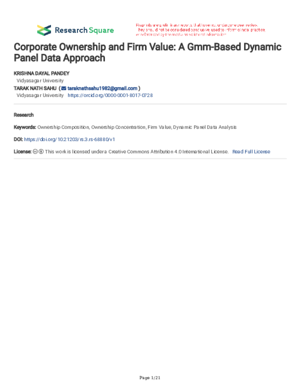 (PDF) Corporate Ownership and Firm Value: A Gmm-Based Dynamic Panel Data Approach