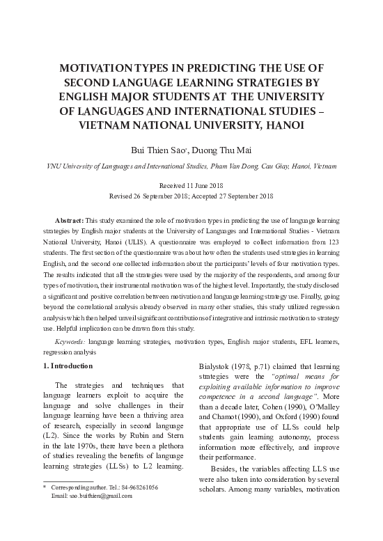 (PDF) Motivation Types in Predicting the Use of Second Language Learning Strategies by English ...