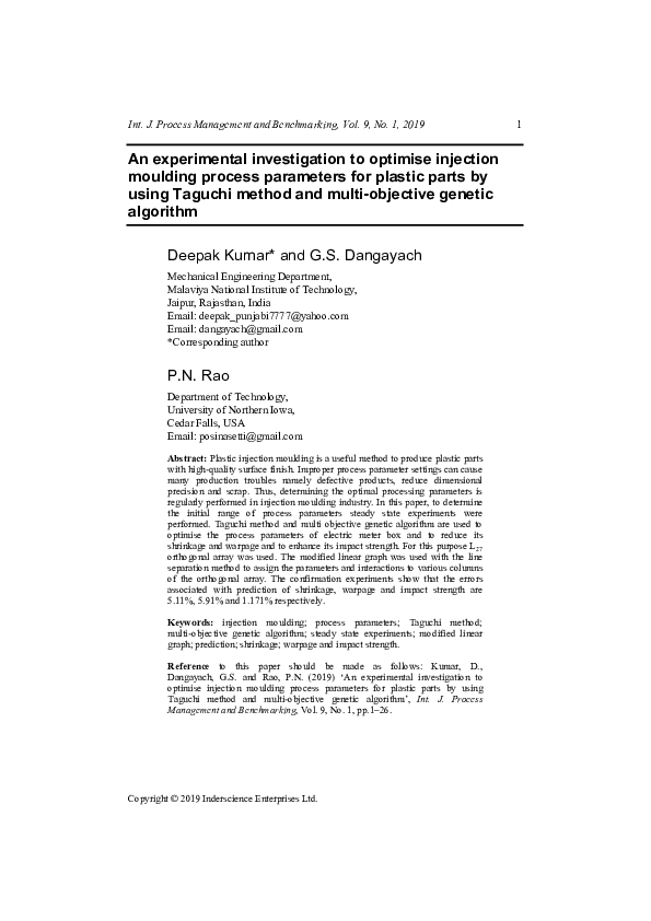 Pdf An Experimental Investigation To Optimise Injection Moulding Process Parameters For