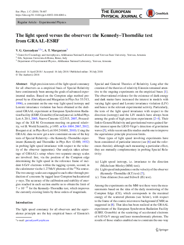 (PDF) The light speed versus the observer: the Kennedy–Thorndike test ...