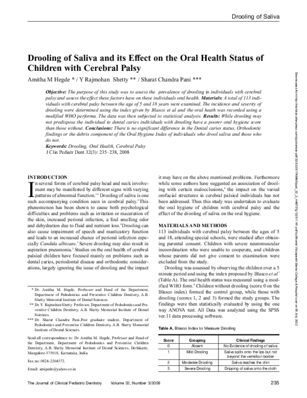 (PDF) Drooling and Oral Health in Cerebral Palsy Kids