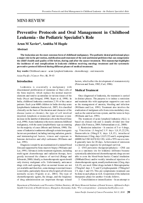 (PDF) Preventive protocols and oral management in childhood leukemia ...