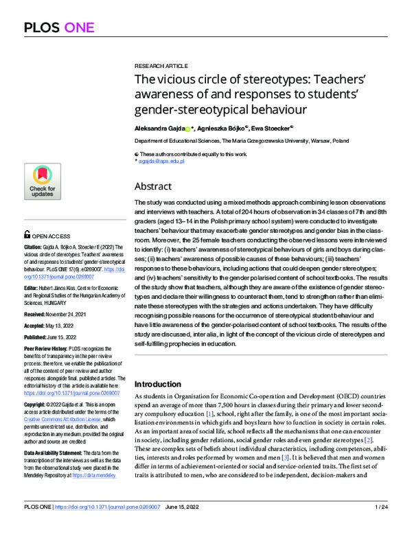 (PDF) The vicious circle of stereotypes: Teachers’ awareness of and ...