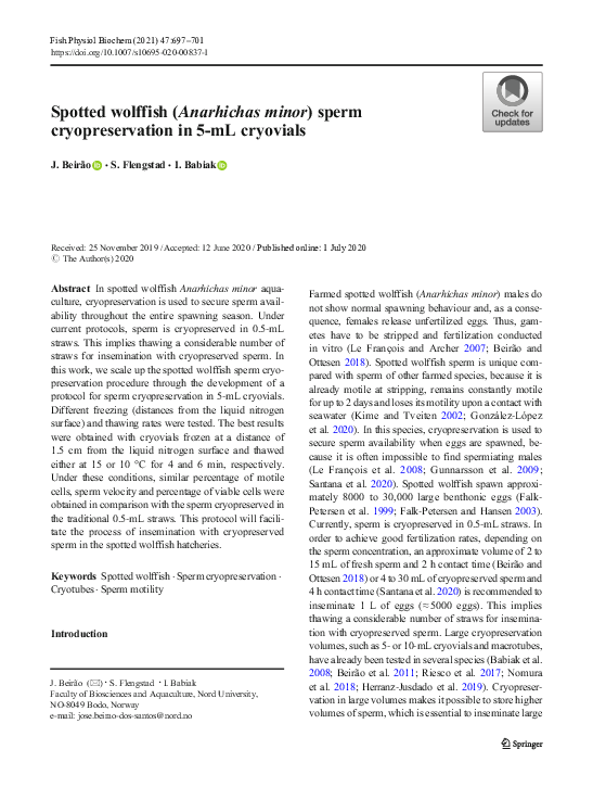 (PDF) Spotted wolffish (Anarhichas minor) sperm cryopreservation in 5 ...