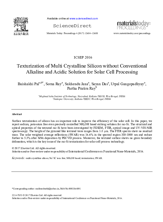 (PDF) Texturization of Multi Crystalline Silicon without Conventional ...