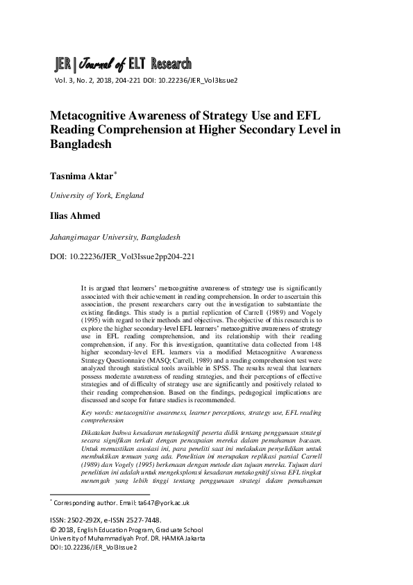 Pdf Metacognitive Awareness Of Strategy Use In Efl Reading Comprehension In Bangladesh