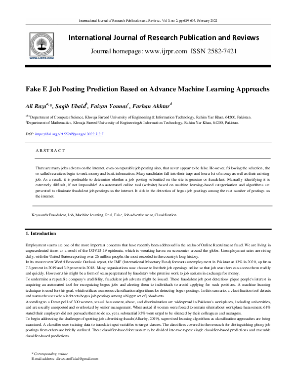 (PDF) Fake E Job Posting Prediction Based on Advance Machine Learning Approachs