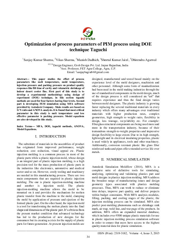 (PDF) Optimization of process parameters of PIM process using DOE technique Taguchi