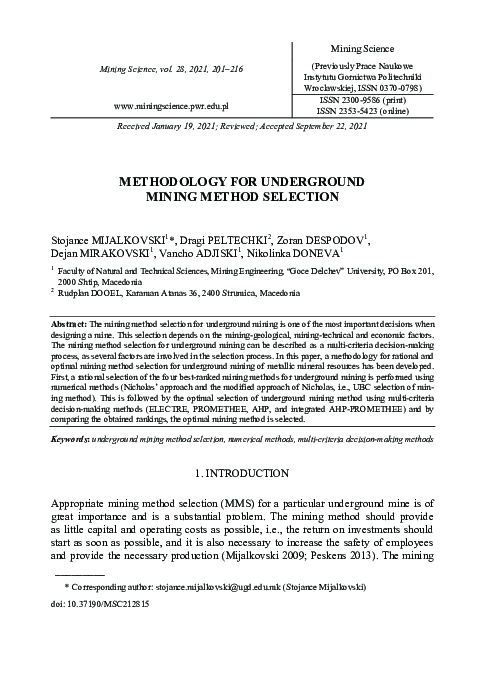 Pdf Methodology For Underground Mining Method Selection