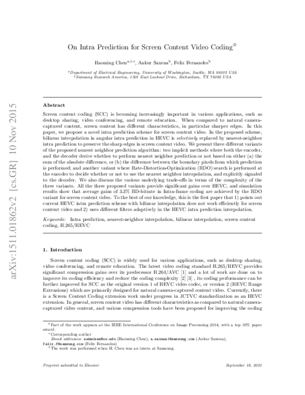 Pdf On Intra Prediction For Screen Content Video Coding