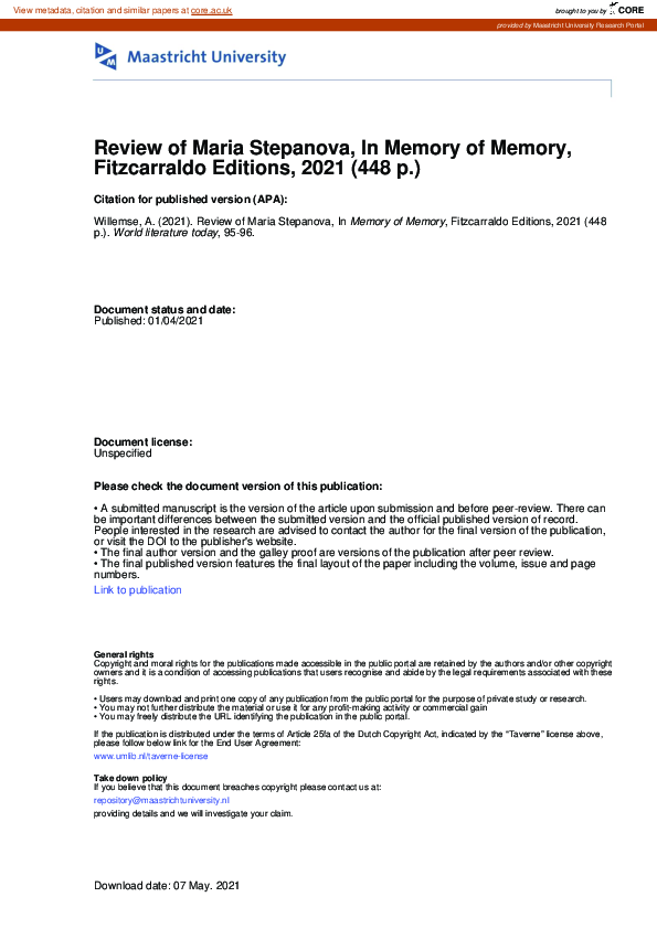 (PDF) Review of Maria Stepanova, In Memory of Memory , Fitzcarraldo ...
