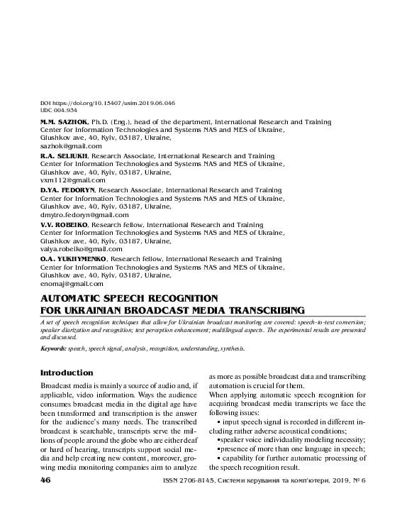 Pdf Automatic Speech Recognition For Ukrainian Broadcast Media Transcribing