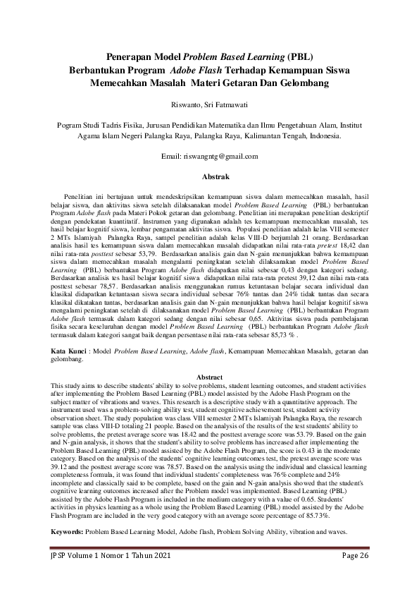 (PDF) Penerapan Model Problem Based Learning (PBL) Berbantukan Program Adobe Flash Terhadap ...