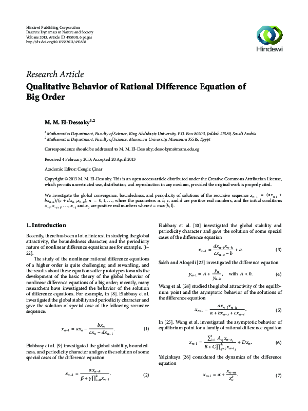 Pdf Qualitative Behavior Of Rational Difference Equation Of Big Order
