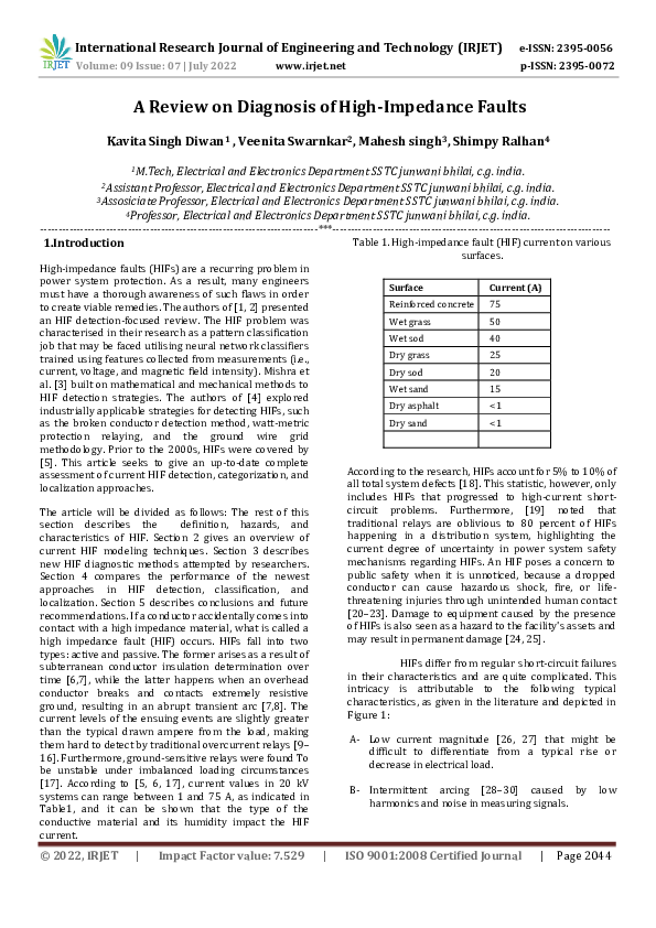 Pdf A Review On Diagnosis Of High Impedance Faults