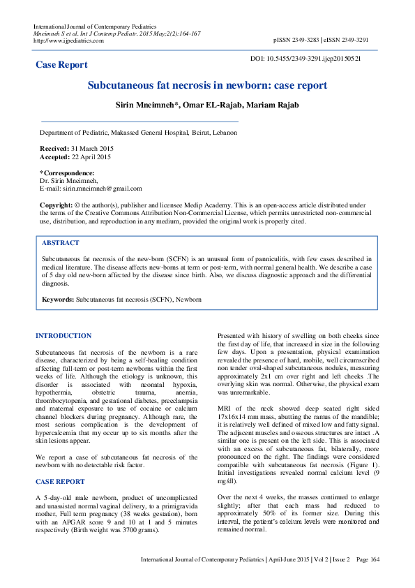 Pdf Subcutaneous Fat Necrosis In Newborn Case Report Mariam Rajab