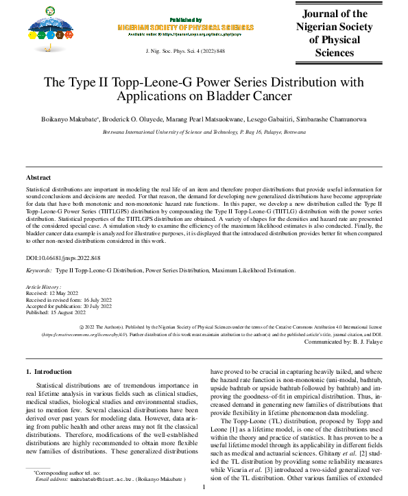 Pdf The Type Ii Topp Leone G Power Series Distribution With Applications On Bladder Cancer