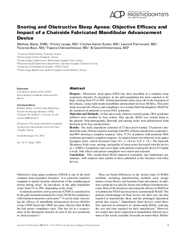 (PDF) Snoring and Obstructive Sleep Apnea: Objective Efficacy and Impact of a Chairside ...