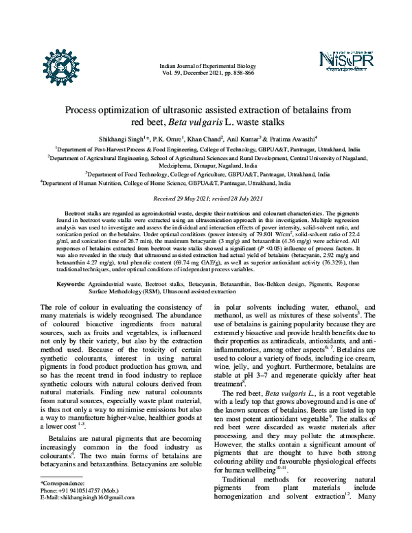 (PDF) Process optimization of ultrasonic assisted extraction of betalains from red beet, Beta ...