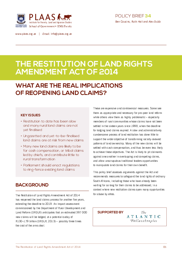 (PDF) The restitution of Land Rights Amendment Act of 2014: what are ...
