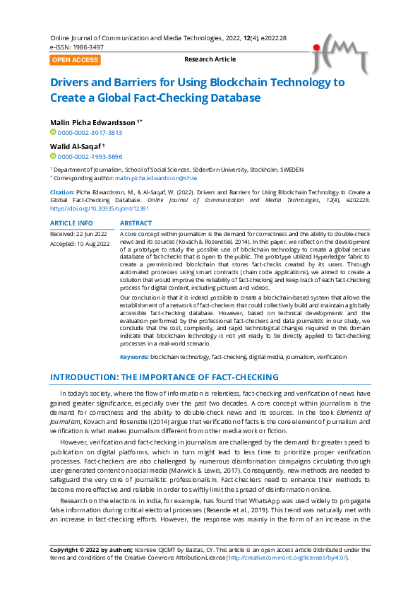 (PDF) Drivers and Barriers for Using Blockchain Technology to Create a Global Fact-Checking Database
