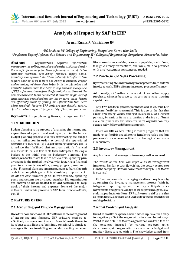 (PDF) Analysis of Impact by SAP in ERP