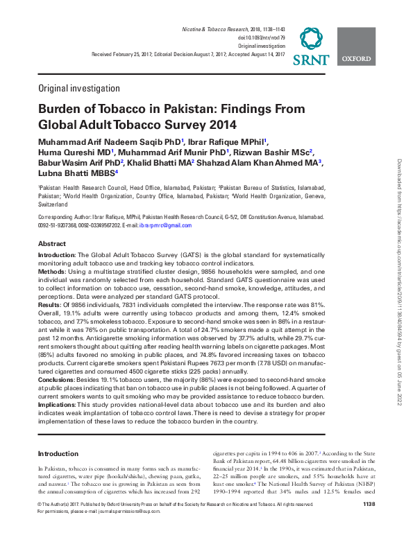 (PDF) Burden of Tobacco in Pakistan: Findings From Global Adult Tobacco ...