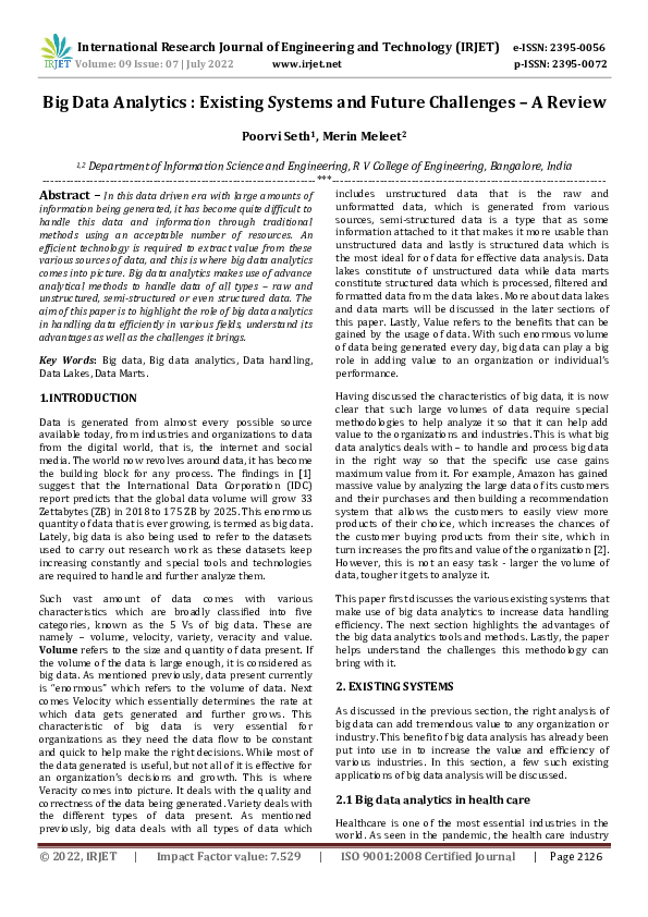 Pdf Big Data Analytics Existing Systems And Future Challenges A Review