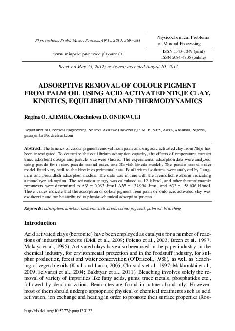 (PDF) Adsorptive removal of colour pigment from palm oil using acid ...