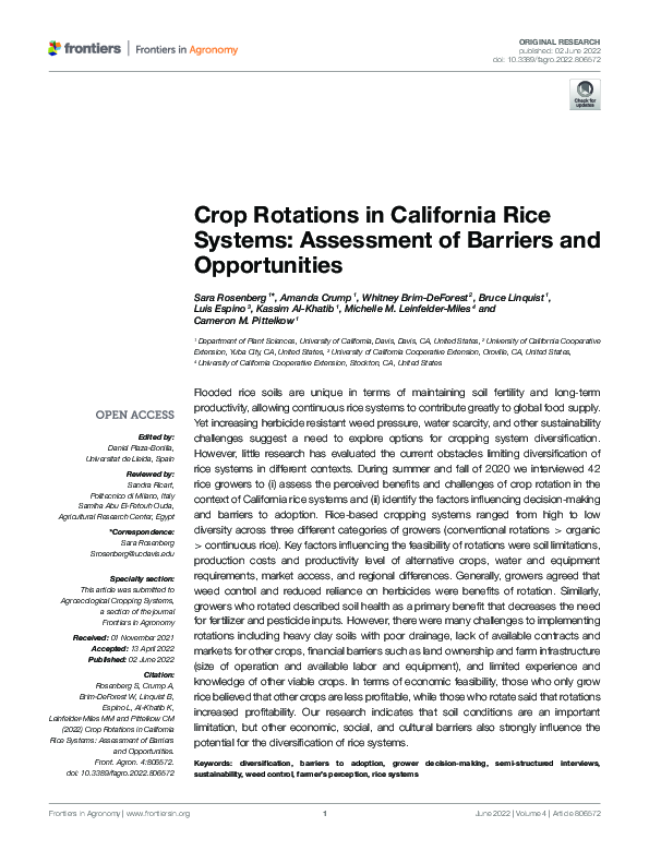 (PDF) Crop Rotations in California Rice Systems: Assessment of Barriers ...