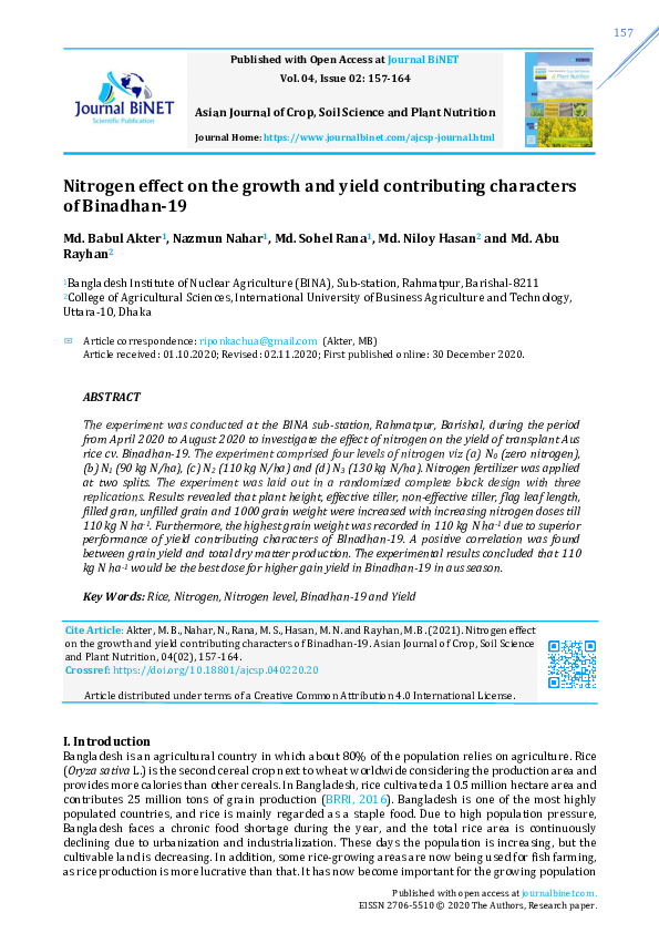 Pdf Impact Of Nitrogen Levels On Binadhan 19 Rice Yield