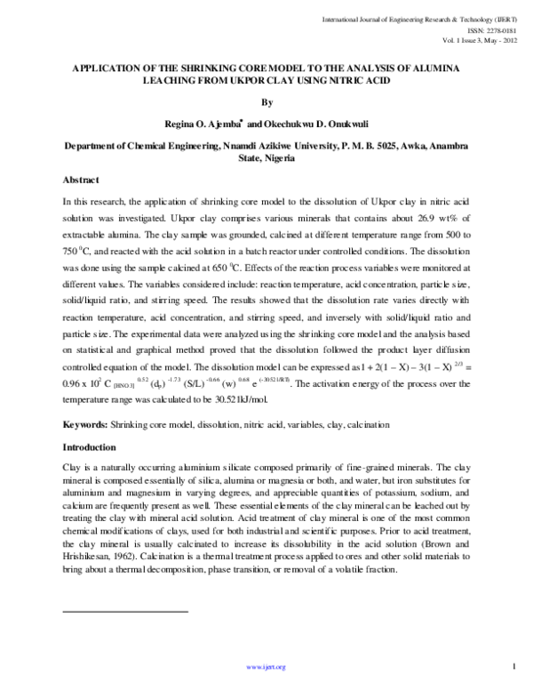 (PDF) Application Of The Shrinking Core Model To The Analysis Of ...