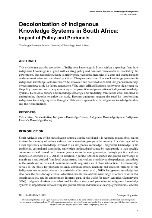 (PDF) Decolonization of Indigenous Knowledge Systems in South Africa