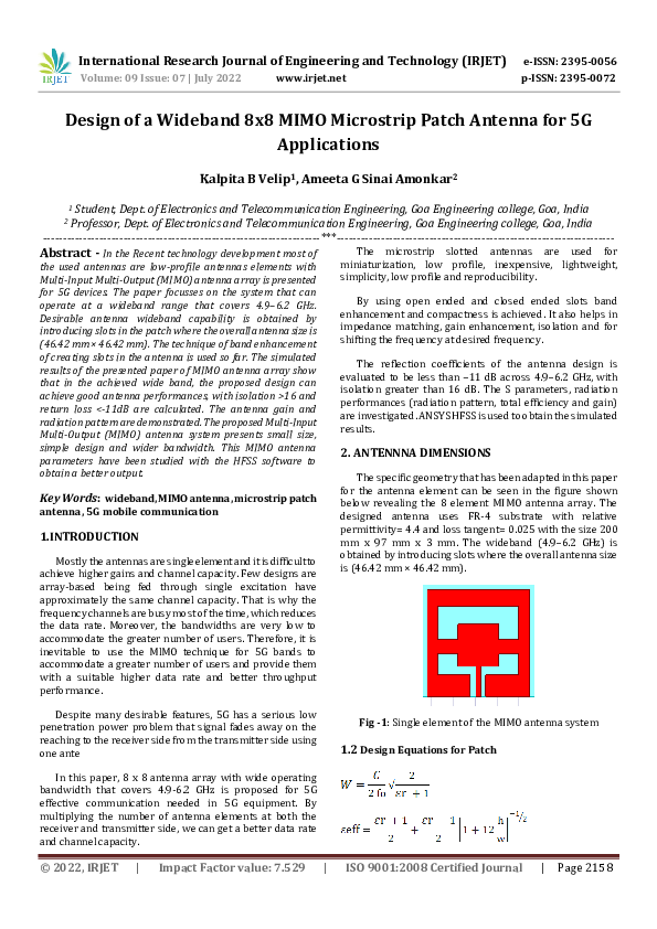 (PDF) Design of a Wideband 8x8 MIMO Microstrip Patch Antenna for 5G ...