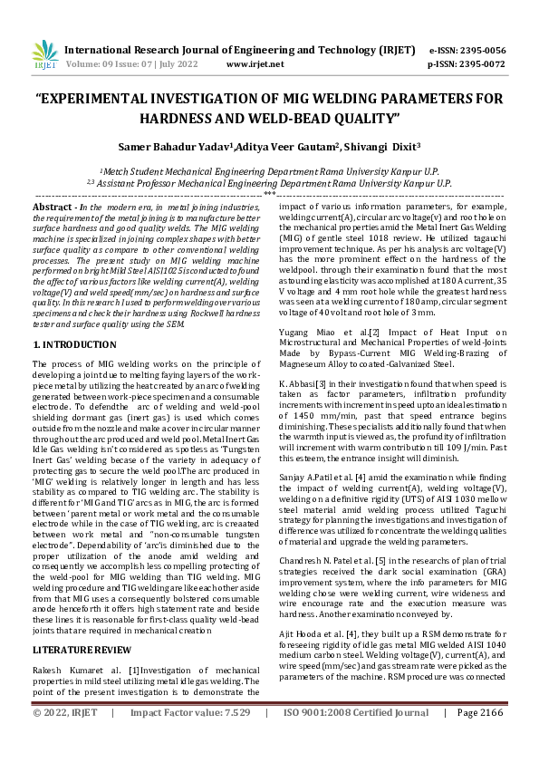 (PDF) "EXPERIMENTAL INVESTIGATION OF MIG WELDING PARAMETERS FOR HARDNESS AND WELD-BEAD QUALITY"