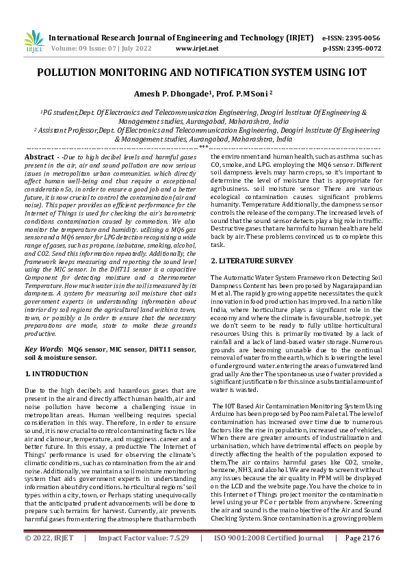 (PDF) POLLUTION MONITORING AND NOTIFICATION SYSTEM USING IOT