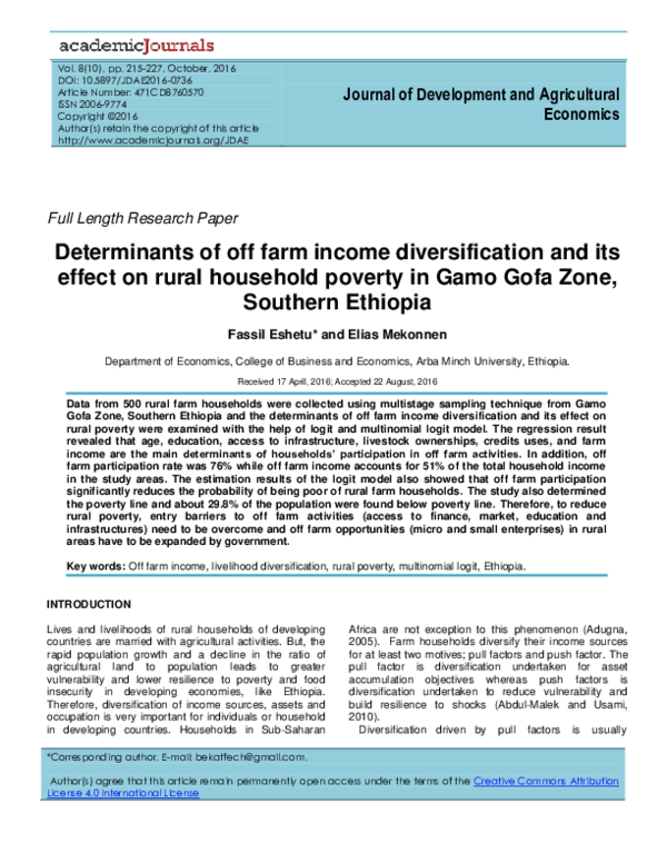 (PDF) Determinants of off farm income diversification and its effect on ...