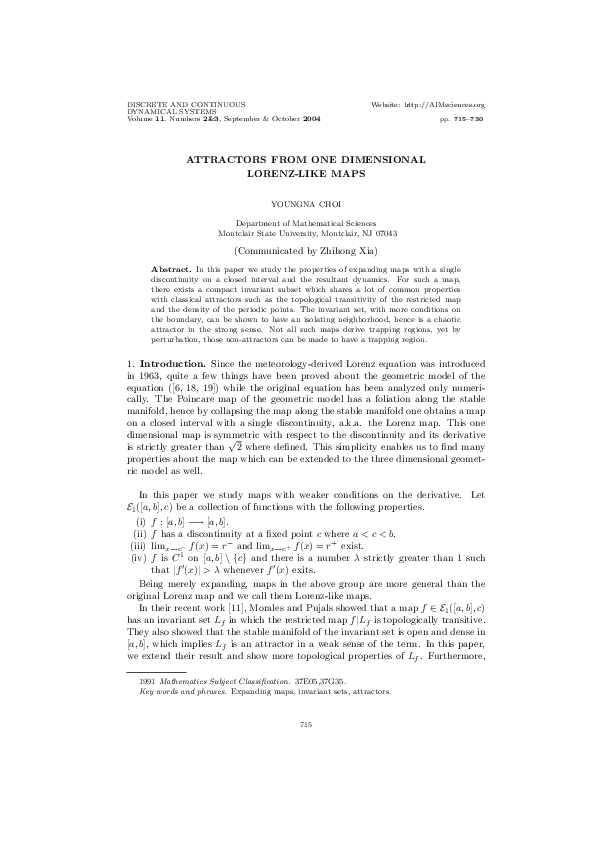 Pdf Attractors From One Dimensional Lorenz Like Maps Youngna Choi