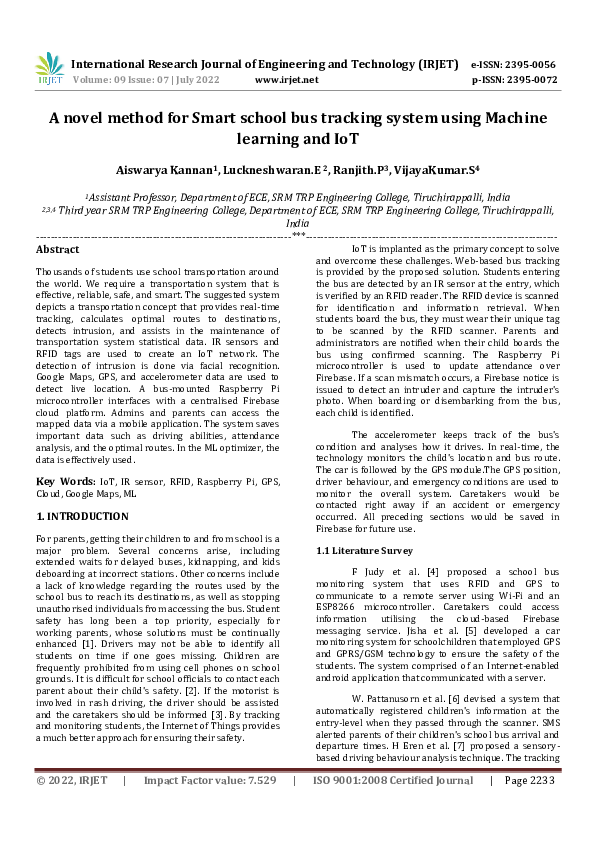 Pdf A Novel Method For Smart School Bus Tracking System Using Machine Learning And Iot