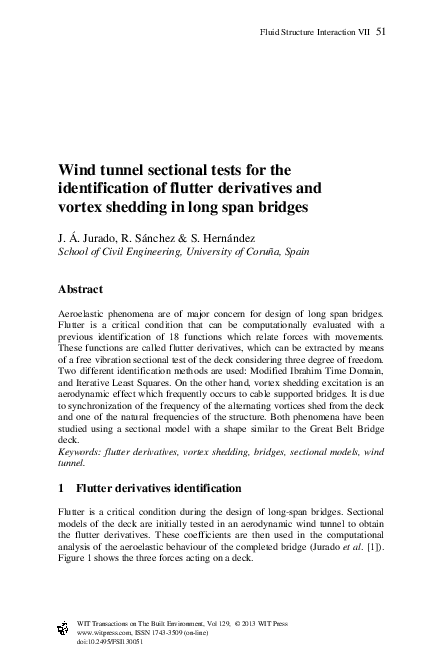 Pdf Wind Tunnel Sectional Tests For The Identification Of Flutter Derivatives And Vortex