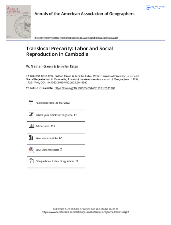 (PDF) Translocal Precarity: Labor and Social Reproduction in Cambodia