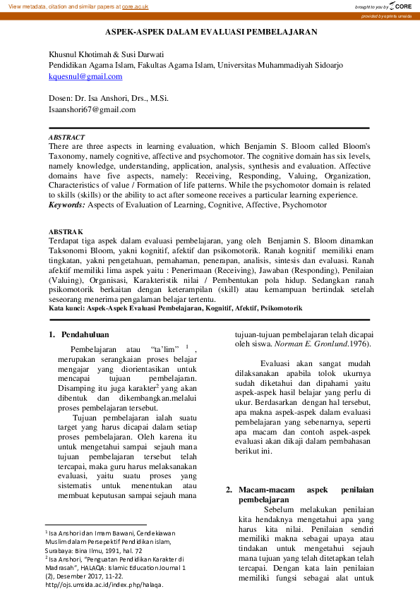 (PDF) Aspek - Aspek Dalam Evaluasi Pembelajaran