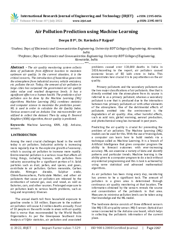 Pdf Air Pollution Prediction Using Machine Learning